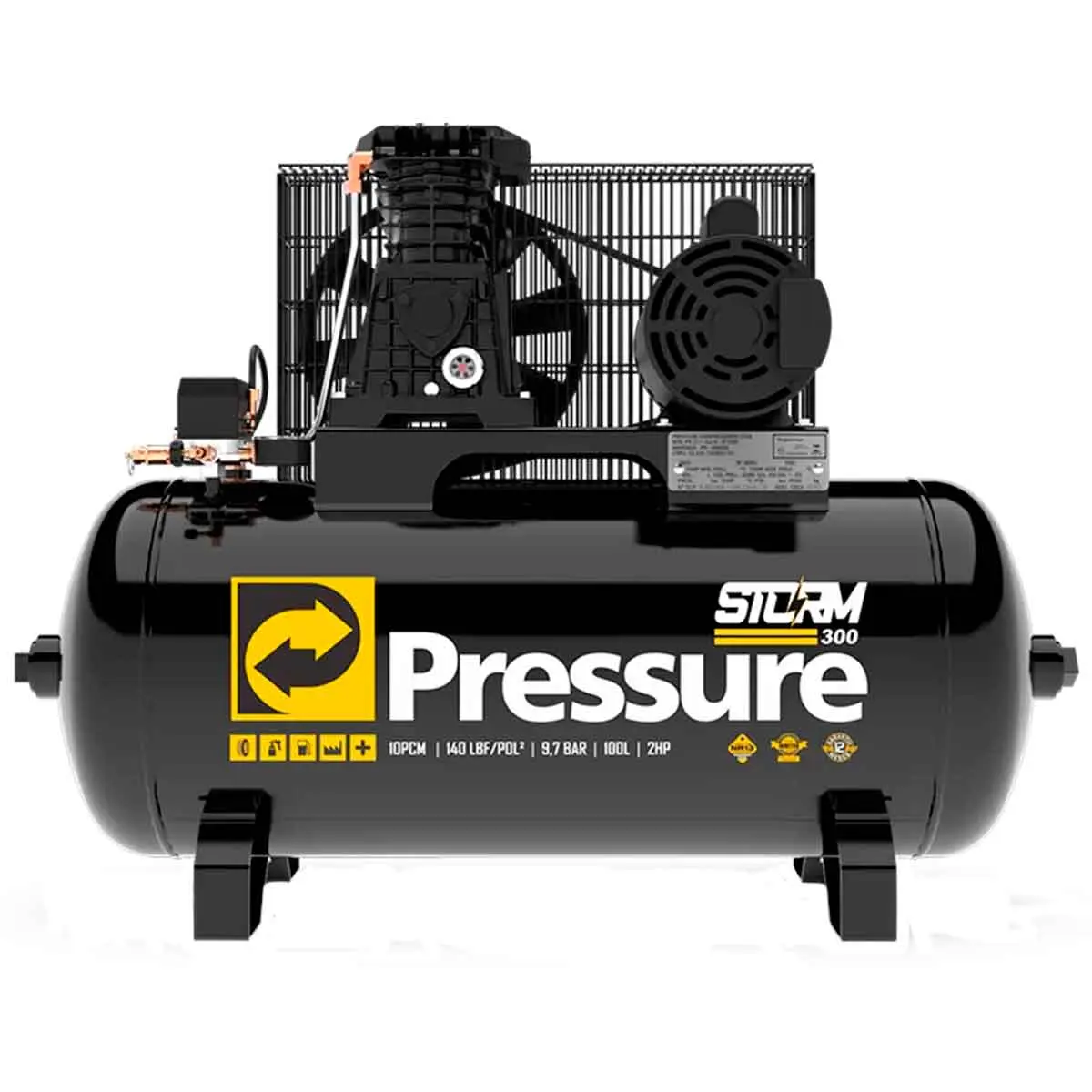Compressor de Ar 10 pés 100 Litros 140 Psi Storm 300 Trifásico Pressure ...